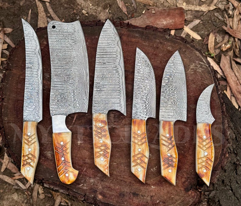 Hand Forged Damascus Chef Set, Handmade Kitchen Knife, Damascus Chef ...