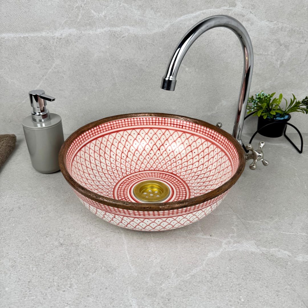 Handmade Vessel Sink With Red Motif and Copper Details - Moroccan ...
