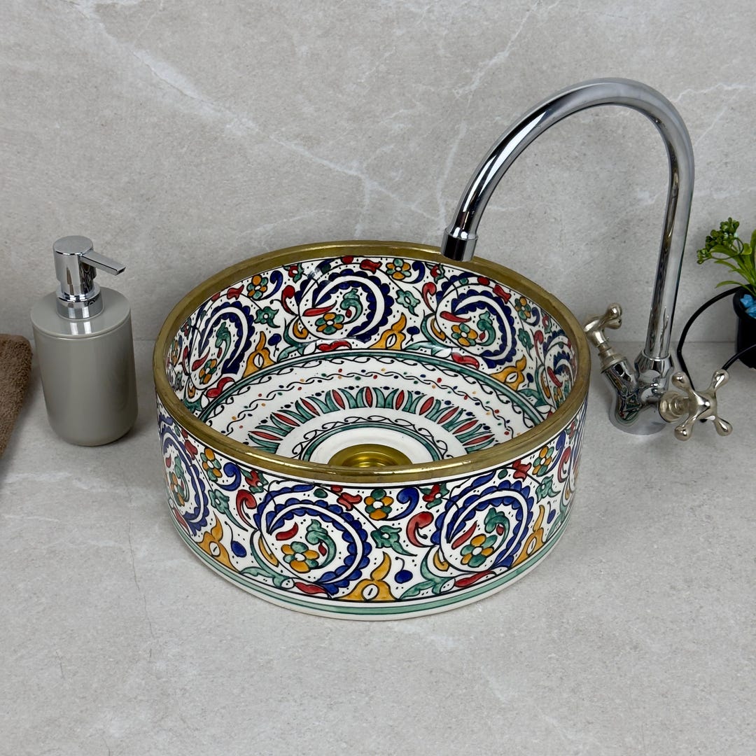 Timeless Ceramic Wash Basin With Brass Finish and Colorful Patterns ...