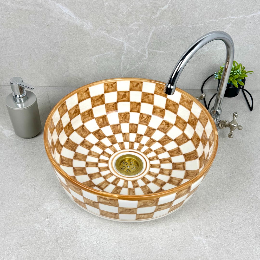Artisan Checkered Ceramic Vessel Sink — Eye-catching Bathroom Basin - Etsy