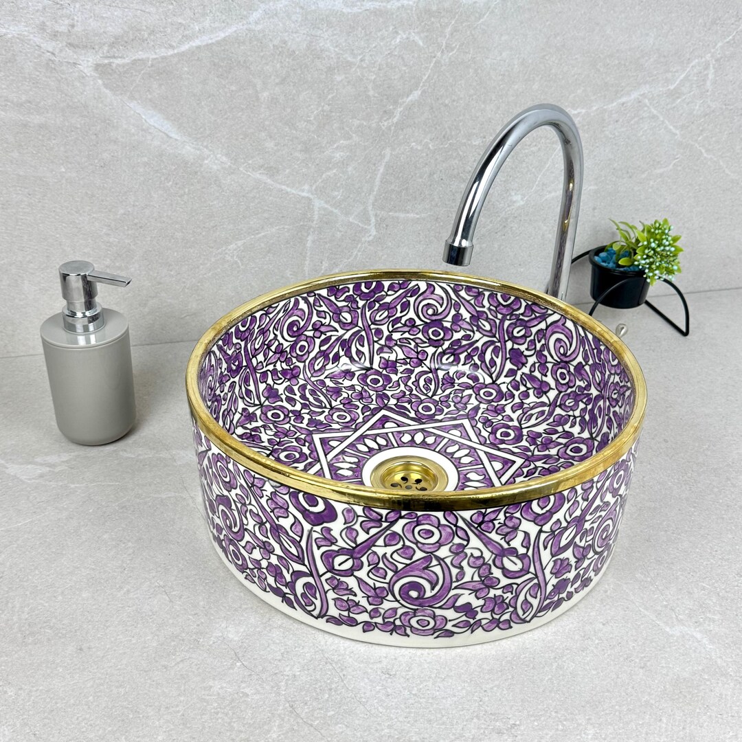 Handcrafted Purple Floral Ceramic Sink With Brass Edge – Artistic Round ...