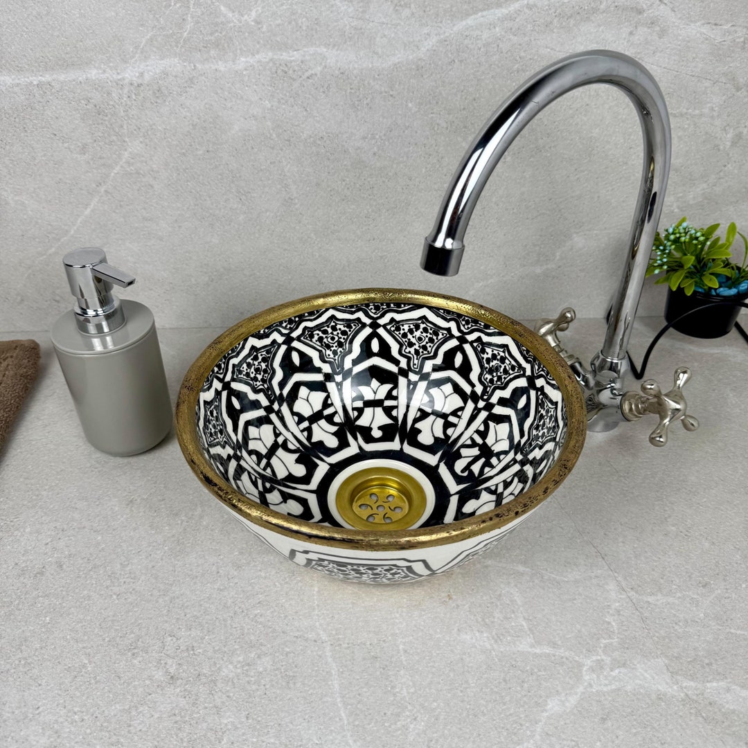 Moroccan Powder Room Basin With Brass Detail — Handmade Countertop ...