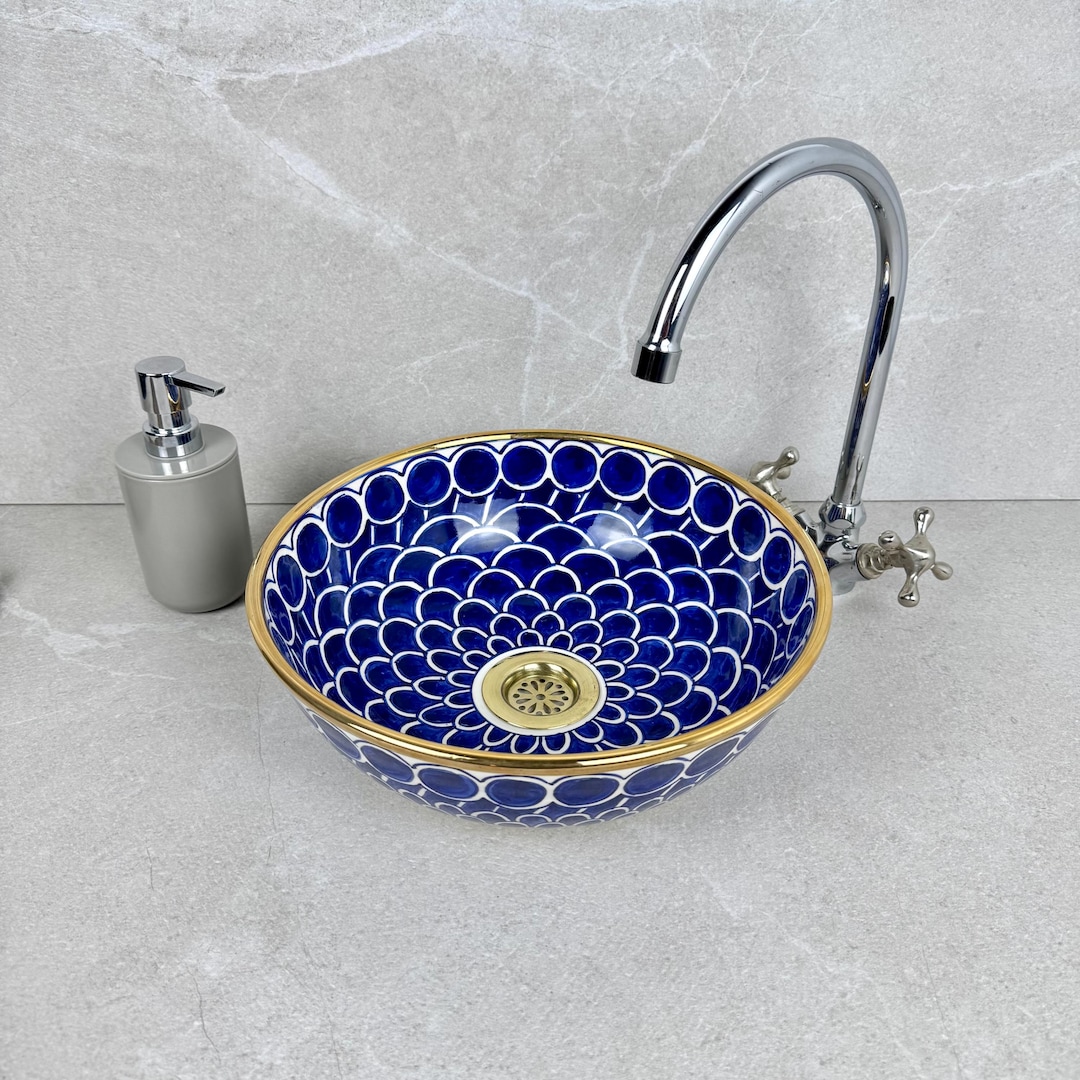 Modern Blue & White Ceramic Vessel Sink With 14k Gold Rim — Handcrafted ...