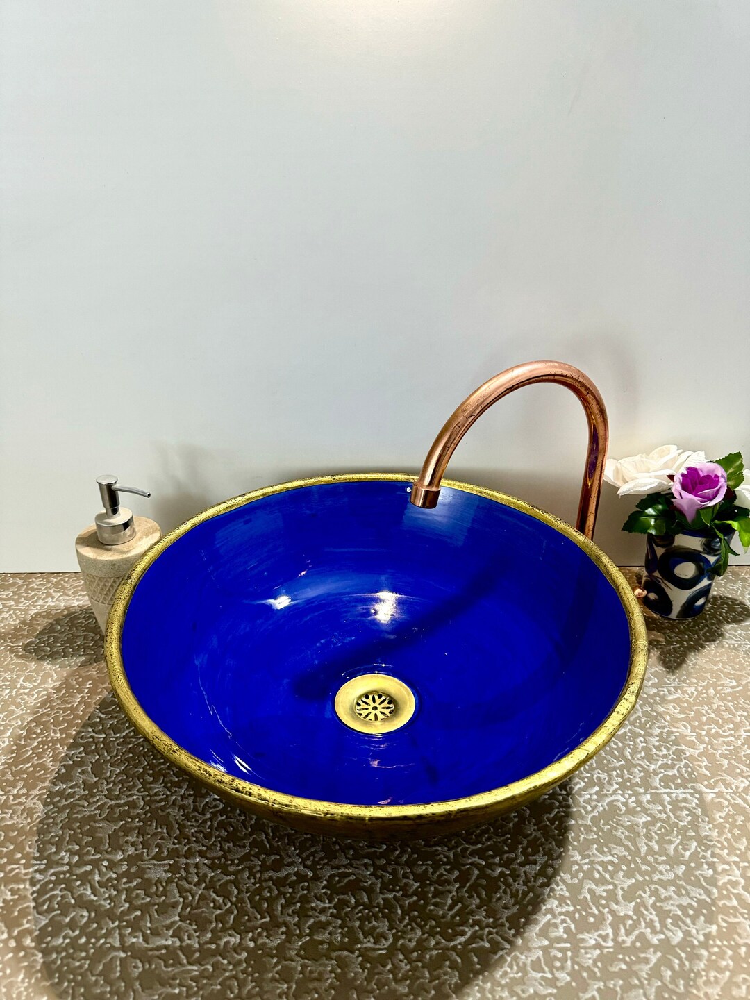 Cobalt Blue Ceramic Sink With Vintage Brass Border - Etsy