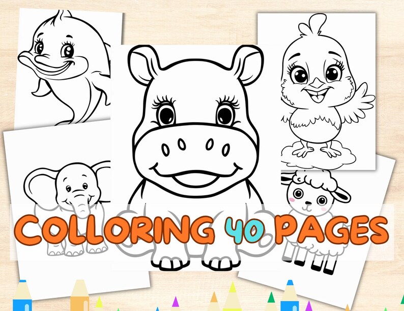 40 Cute Baby Animals Coloring Pages for Kids Easy Coloring Animals Set ...