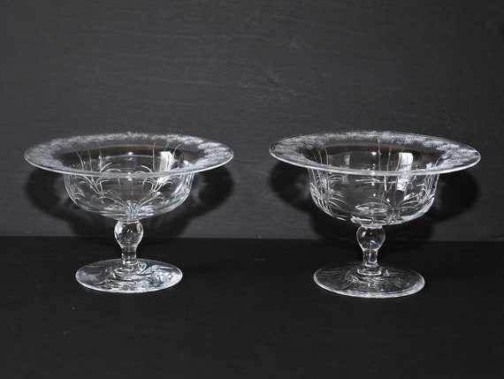 Vintage Engraved Cut Clear Glass Compote Pair - Etsy