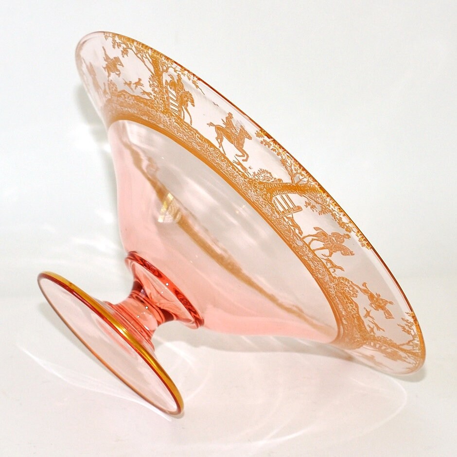 Vintage Cambridge Pink Glass Compote: Imperial Hunt Scene, Gold ...