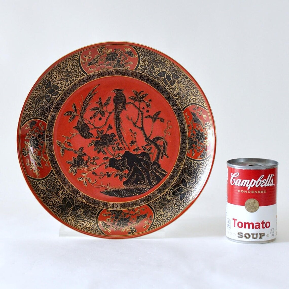 Vintage Japanese Black Gold Cinnabar Red Porcelain Plate With Birds ...