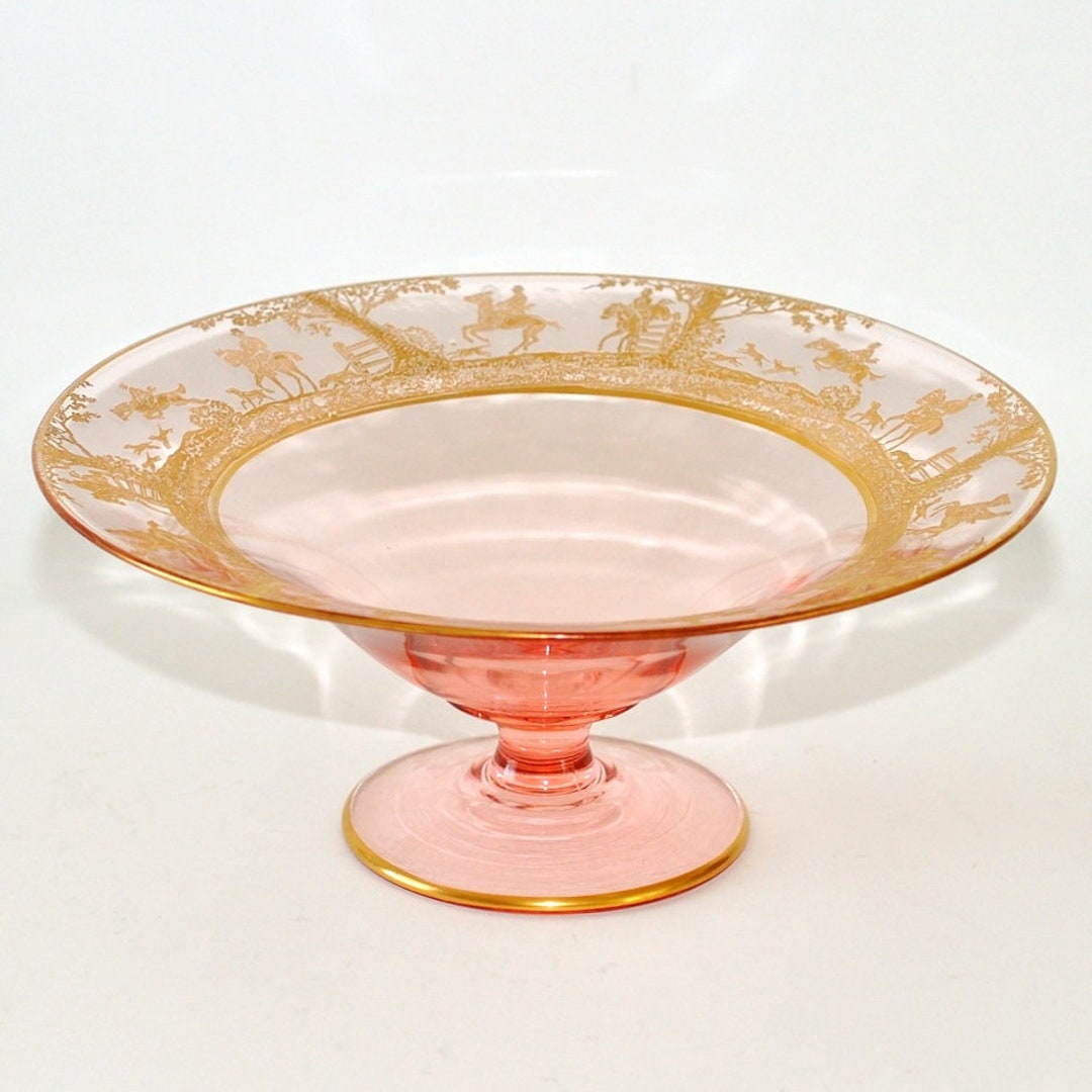 Vintage Cambridge Pink Glass Compote: Imperial Hunt Scene, Gold ...
