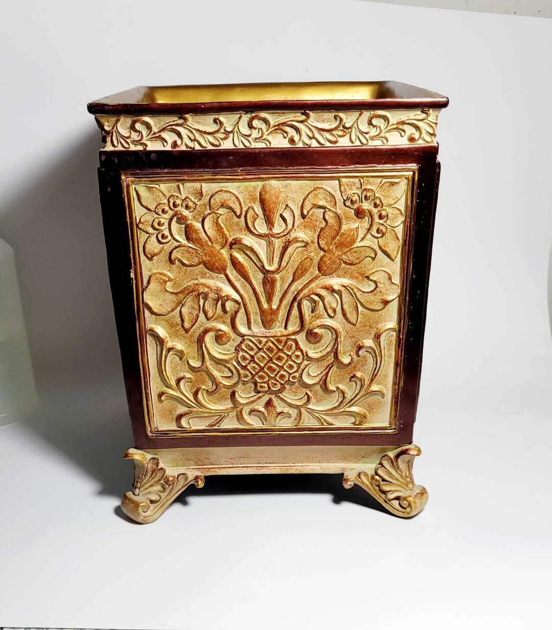 Vintage Regency Ware Gold Floral Trash Can, MCM Waste Basket, Retro ...