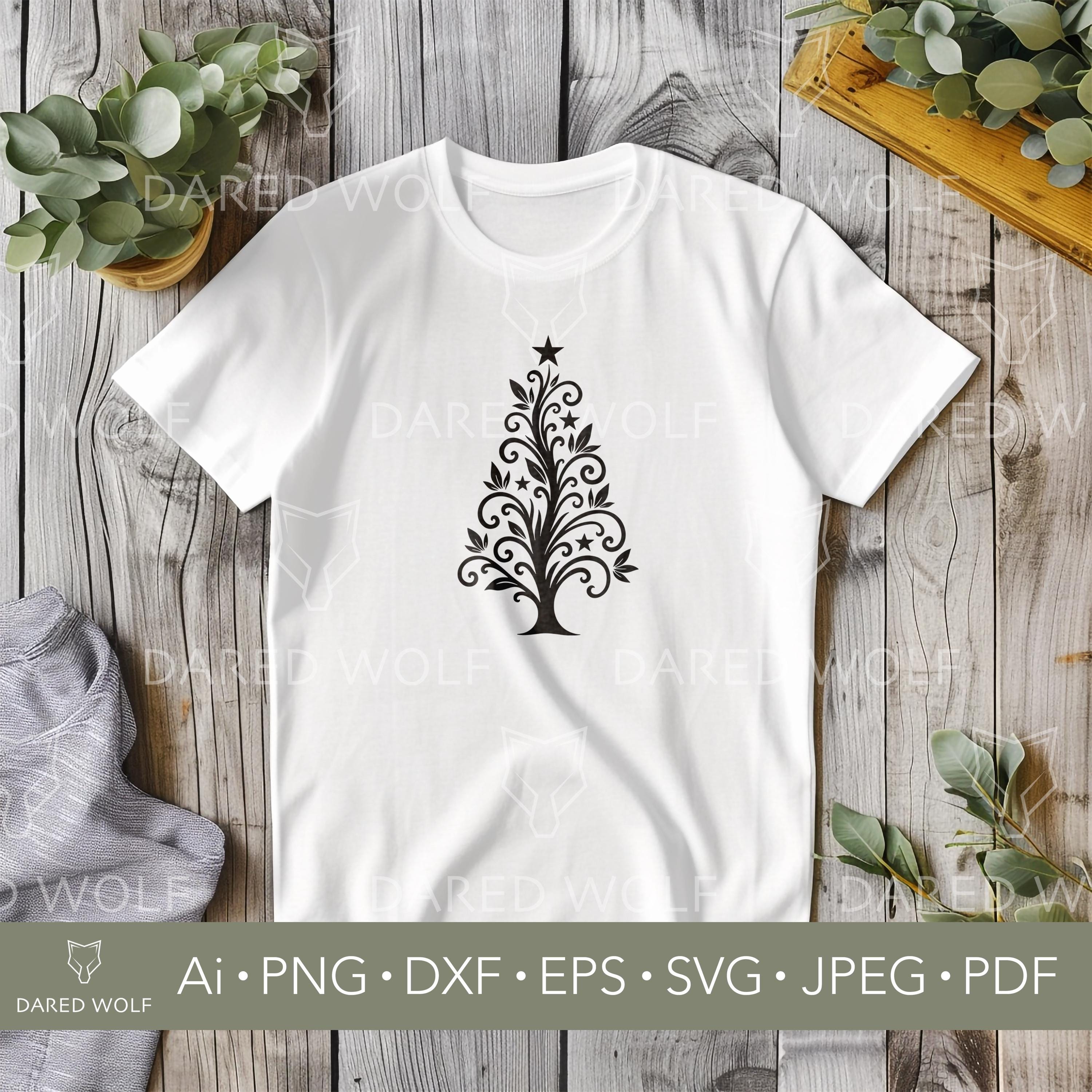 Christmas Tree SVG - Swirly Star Decorated Outline - Holiday Wall Art ...