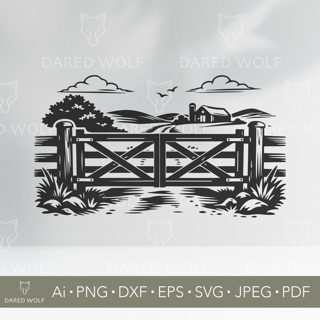 Farm Gate SVG Clipart - Countryside Fence Scene - Rustic Landscape ...