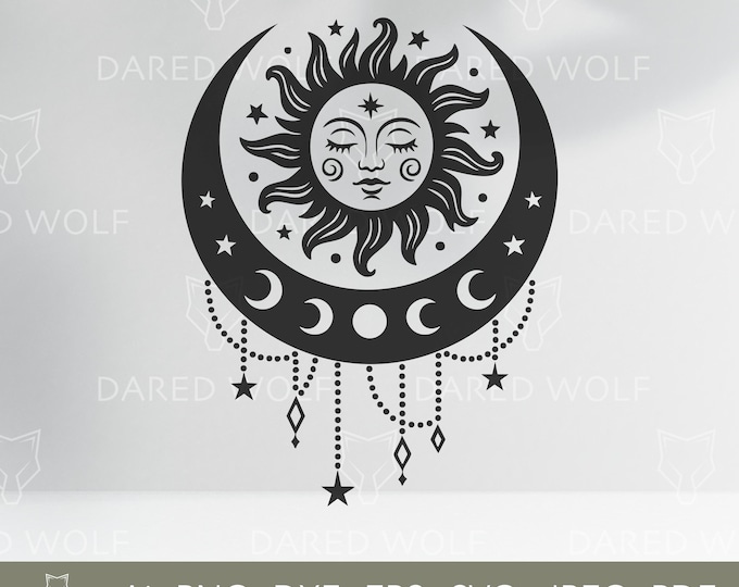 Sun and Moon SVG, Moon Phases SVG, Dreamcatcher SVG, Crescent Boho Moon ...
