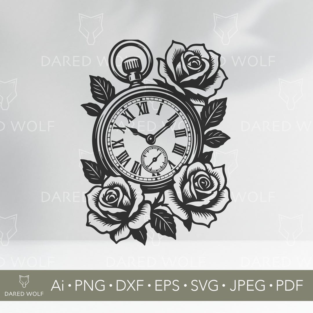 Pocket Watch SVG - Vintage Clock Clipart With Roses - Timeless Tattoo ...