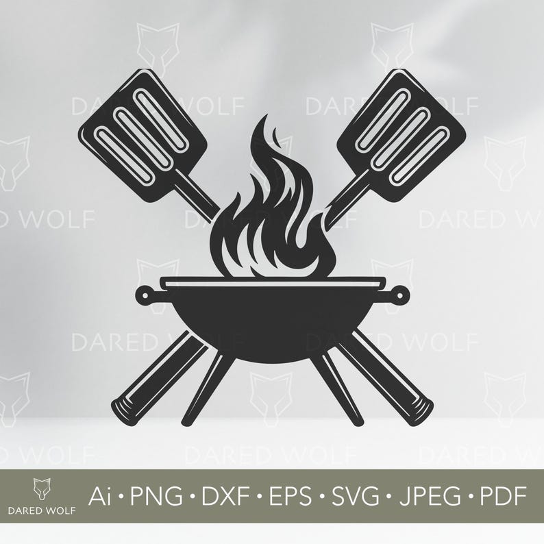 BBQ Grill Fire Logo SVG | Spatula Crossed Barbecue Vector Design ...