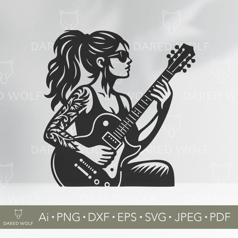 Guitar Girl Vector Art: Rock Tattoo Design for Cricut & Silhouette ...