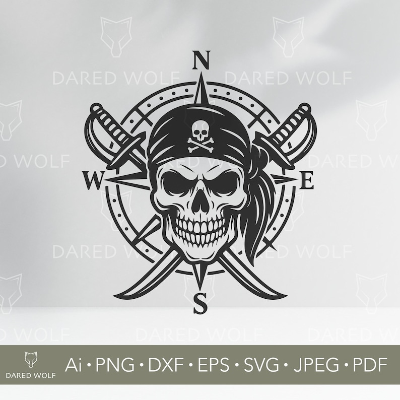 Pirate Skull SVG Vector Art | Compass Rose With Crossed Swords Design ...