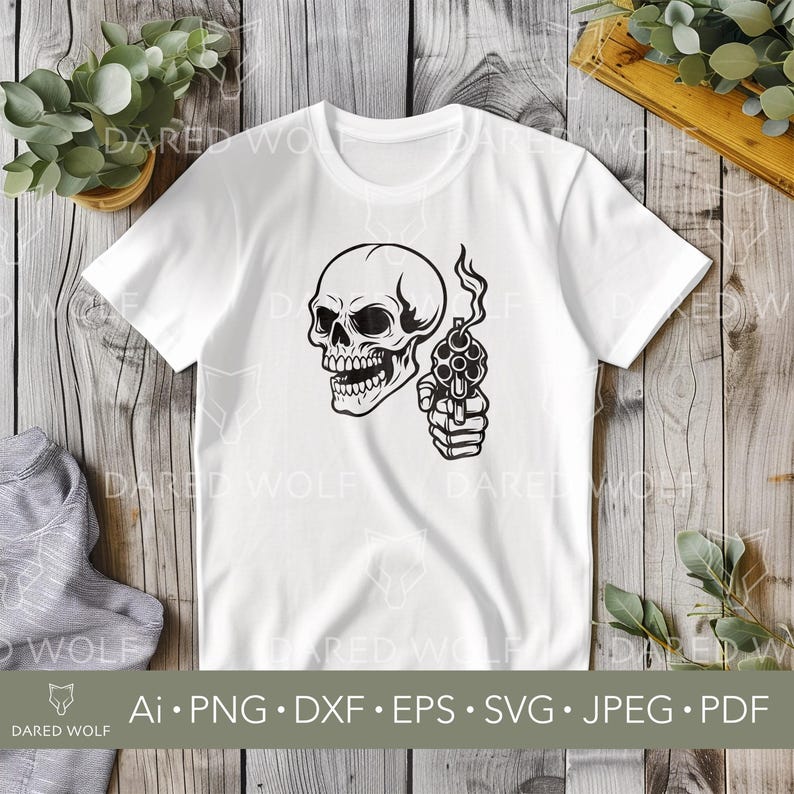 Skull With Gun Vector Art | Smoking Revolver and Skeleton Hand SVG for ...