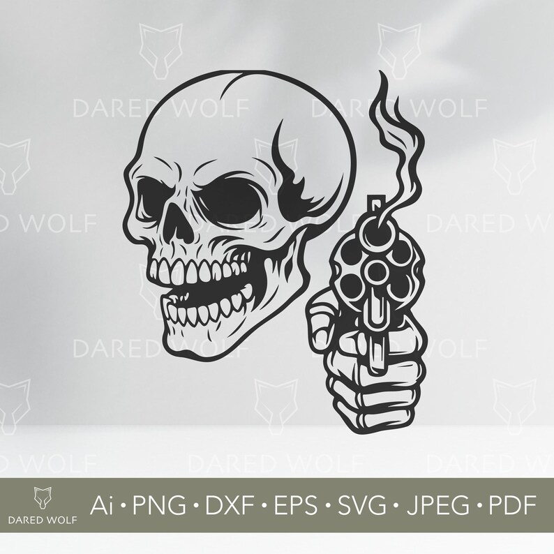 Skull With Gun Vector Art | Smoking Revolver and Skeleton Hand SVG for ...