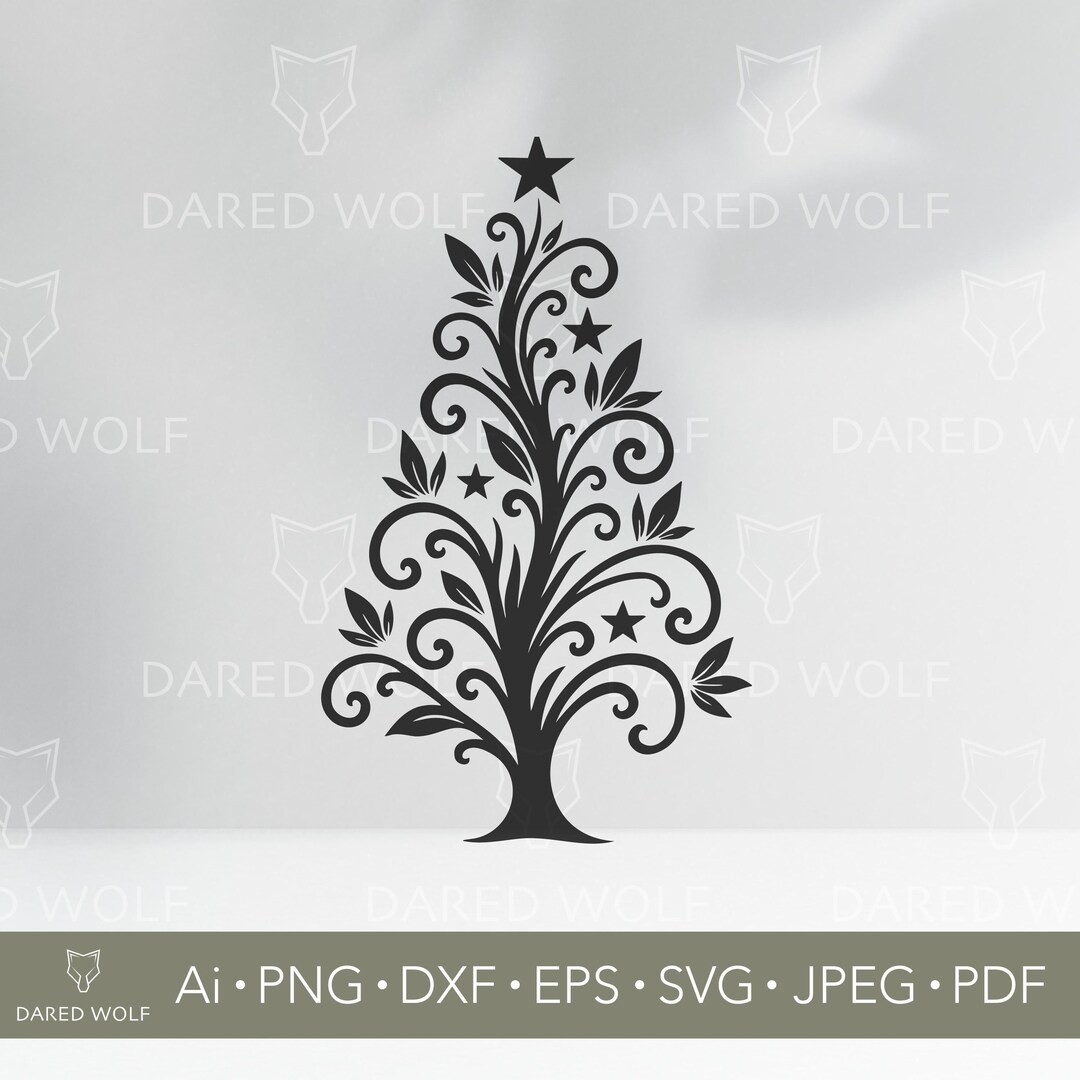 Christmas Tree SVG - Swirly Star Decorated Outline - Holiday Wall Art ...