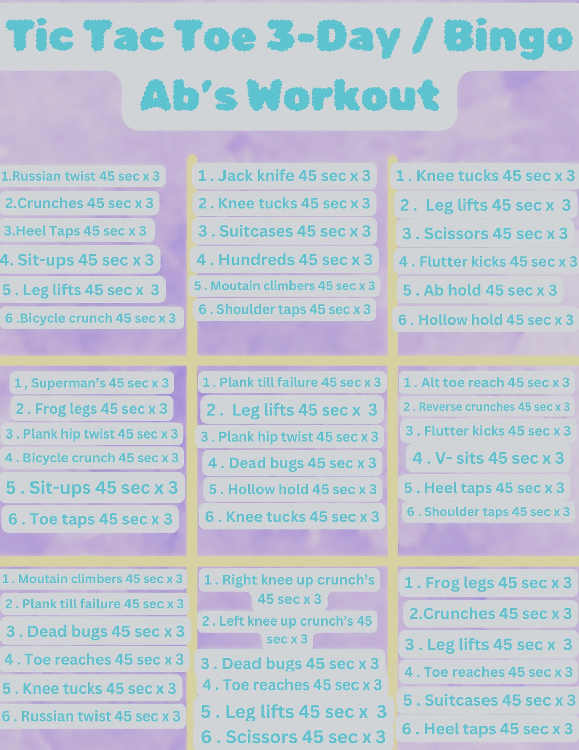 3-day Tic Tac Toe Ab Challenge, Bingo Challenge, Fun Workout Challenge ...