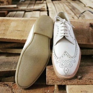Handmade White Color Original Leather Stylish Wing Tip Brogue's Oxfords ...