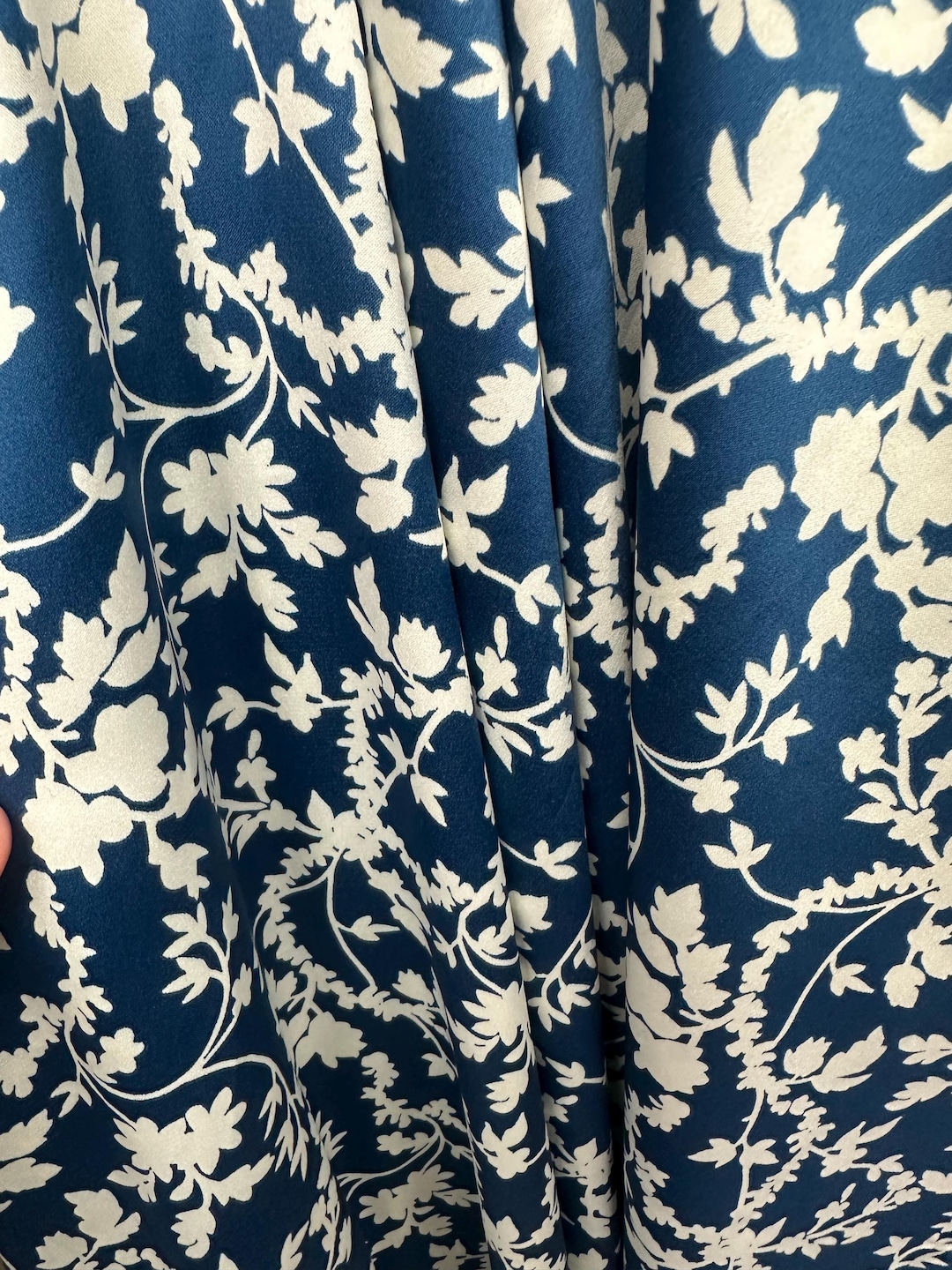 Navy Blue Charmeuse Satin Fabric White Floral Vine Print by the Yard - Etsy