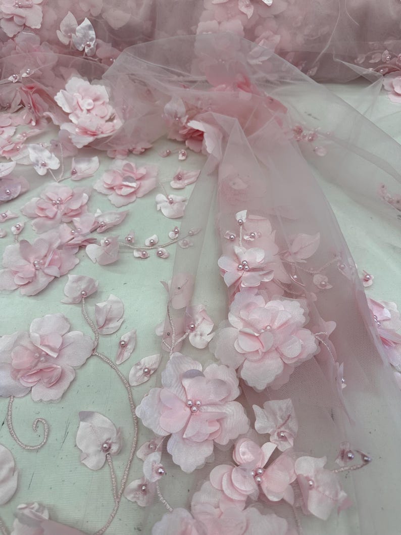 Embroidery Lace 3D Beautiful Flower on It Pink Color One Way Stretch by ...