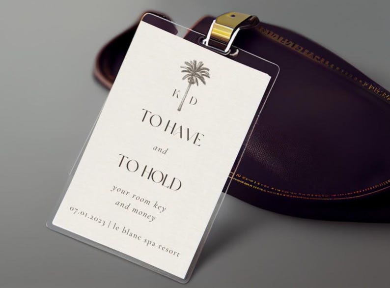 Minimalist Palm Destination Wedding Room Key Card Holder Timeline and ...