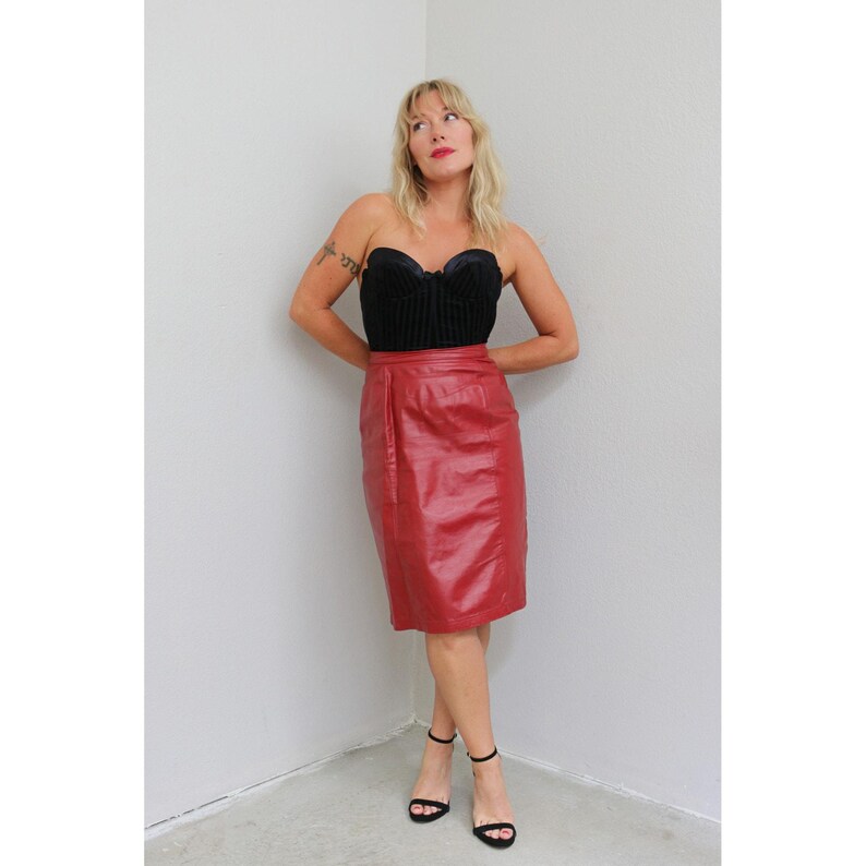 Vintage 1980's Berman's Crimson Leather Pencil Skirt ~ Women's SM Small ...