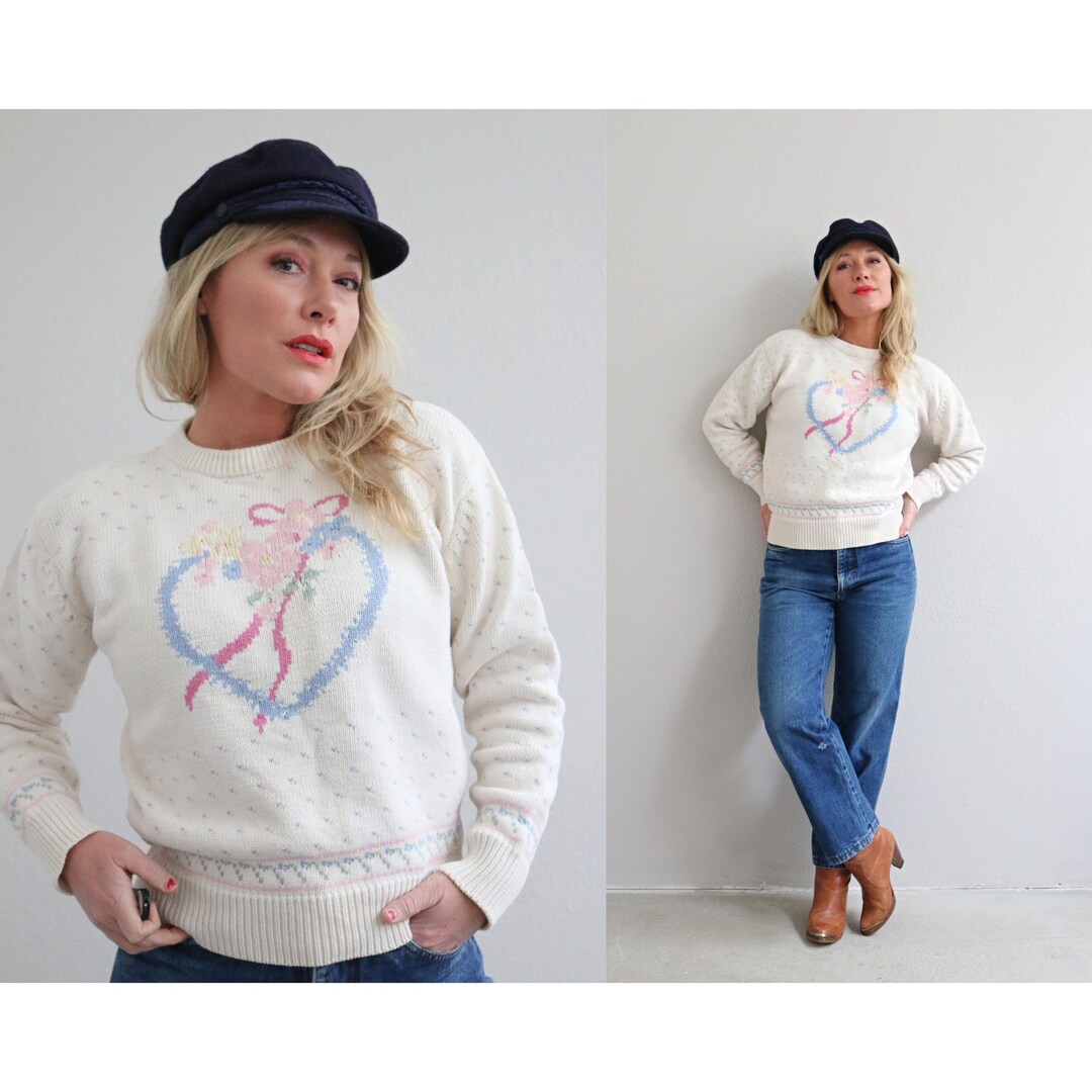 1980's Vintage Eddie Bauer Floral & Heart Coquette Sweater ~ Women's ...