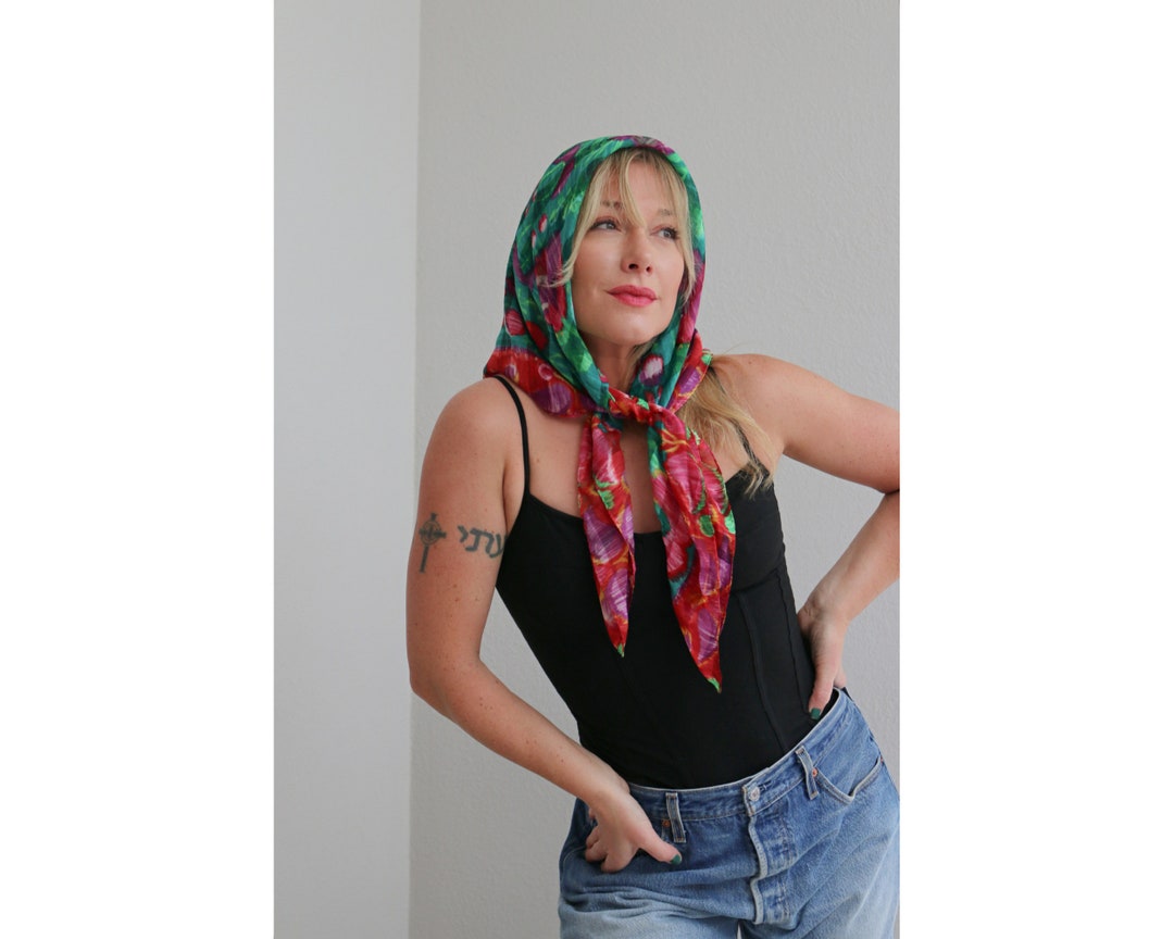 1990's Vintage Paneled Floral Print Square Scarf // Head Scarf ...
