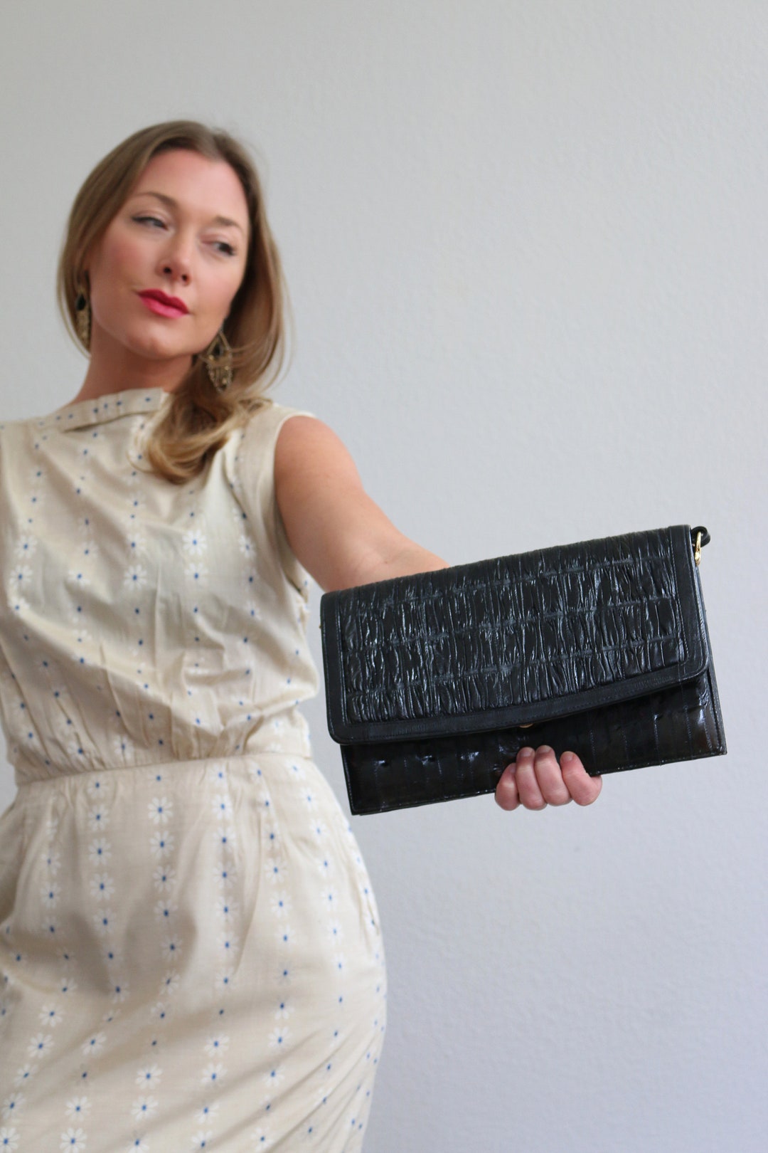 1970's Ruched Eel Skin Purse // Multi Pocket Purse // Medium Sized ...
