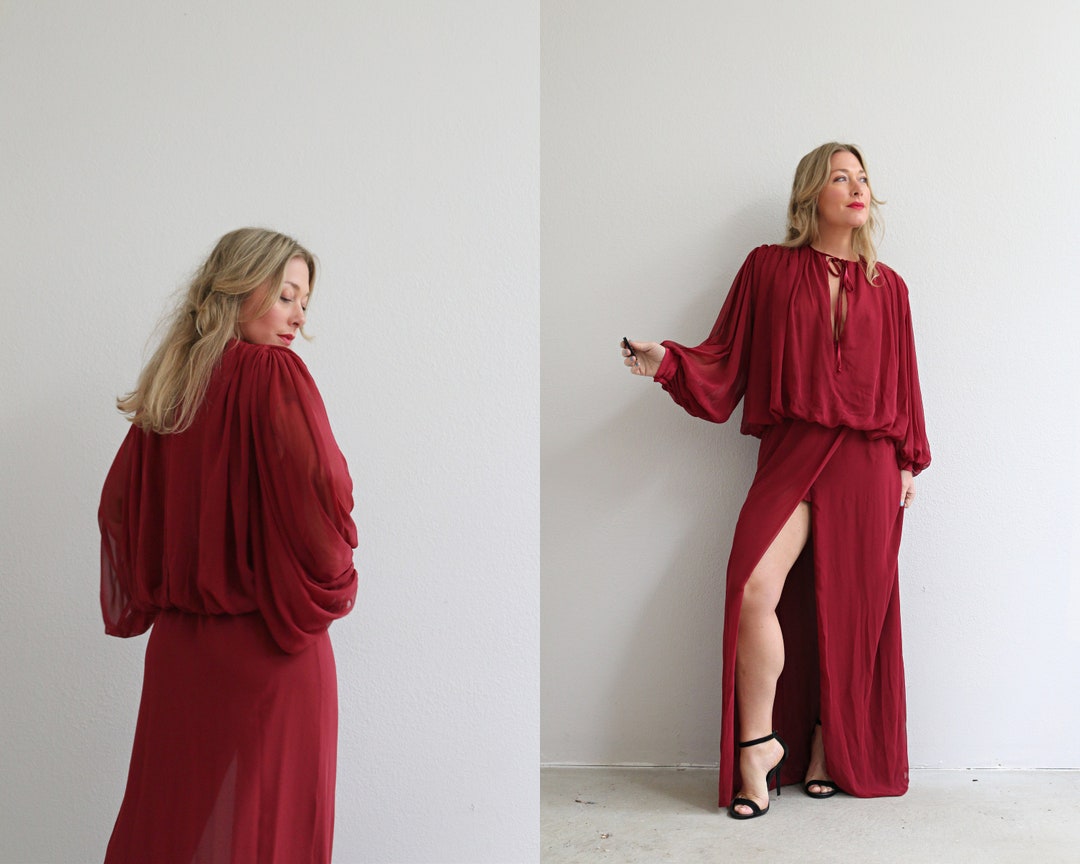 1980's Wayne Clark Cranberry Chiffon Gown // Women's Size Extra Small ...