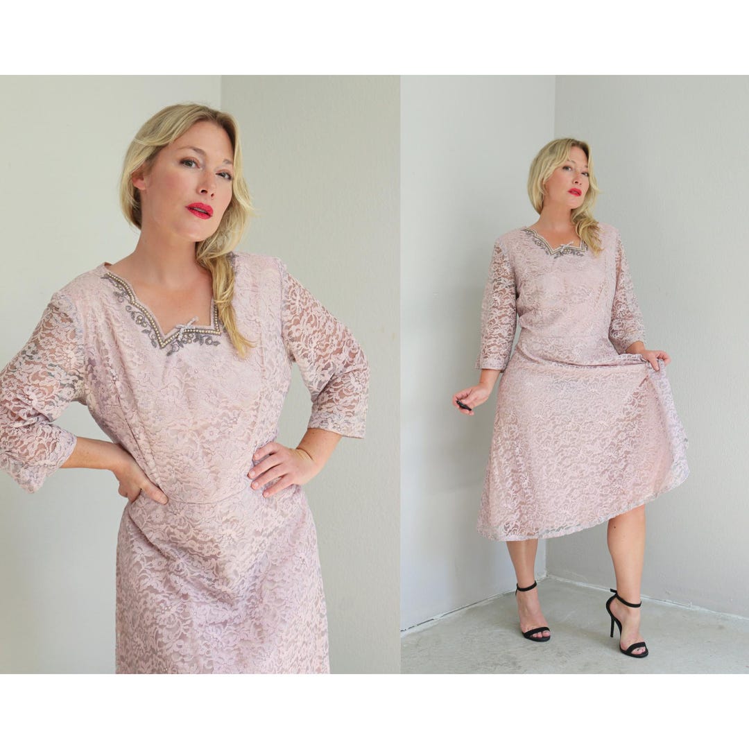 1950s Vintage Form Fit Dusty Lavender & Lace Party Dress Women's Large ...