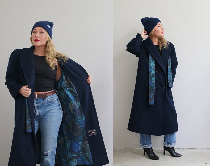 1990's Vintage Alorna Navy Wool Overcoat ~ Women's Size Medium to Large ...