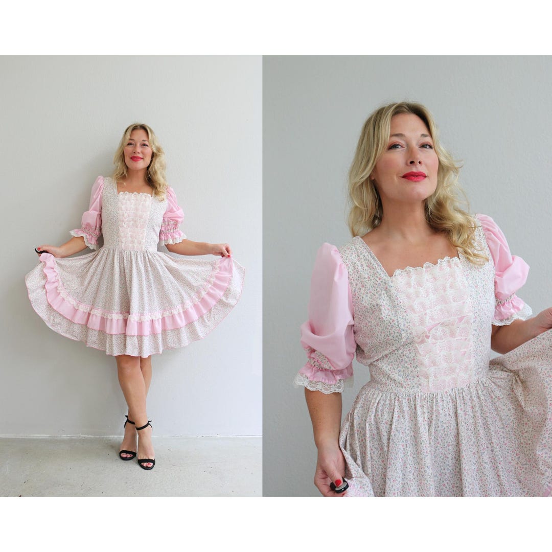 1980s Vintage Calico Floral Square Dance Dress Women's Size Medium to ...