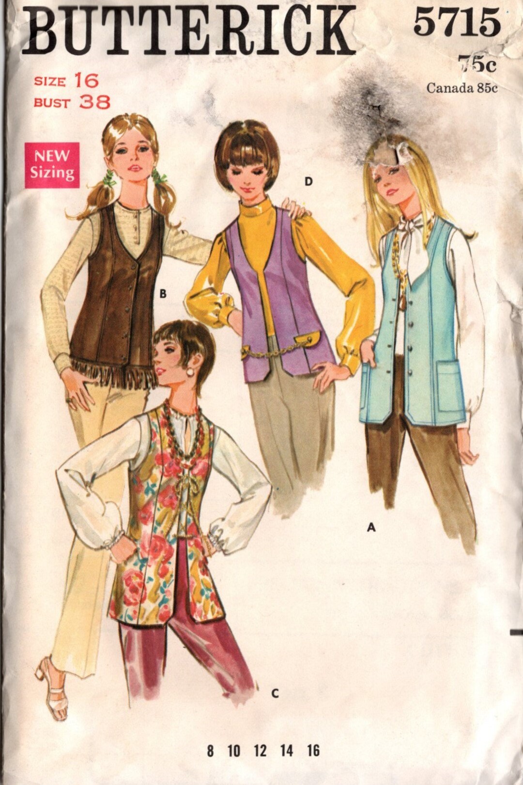 1969 VINTAGE BUTTERICK PATTERN 5715. Factory Folded. Vest. Size 16 Bust ...