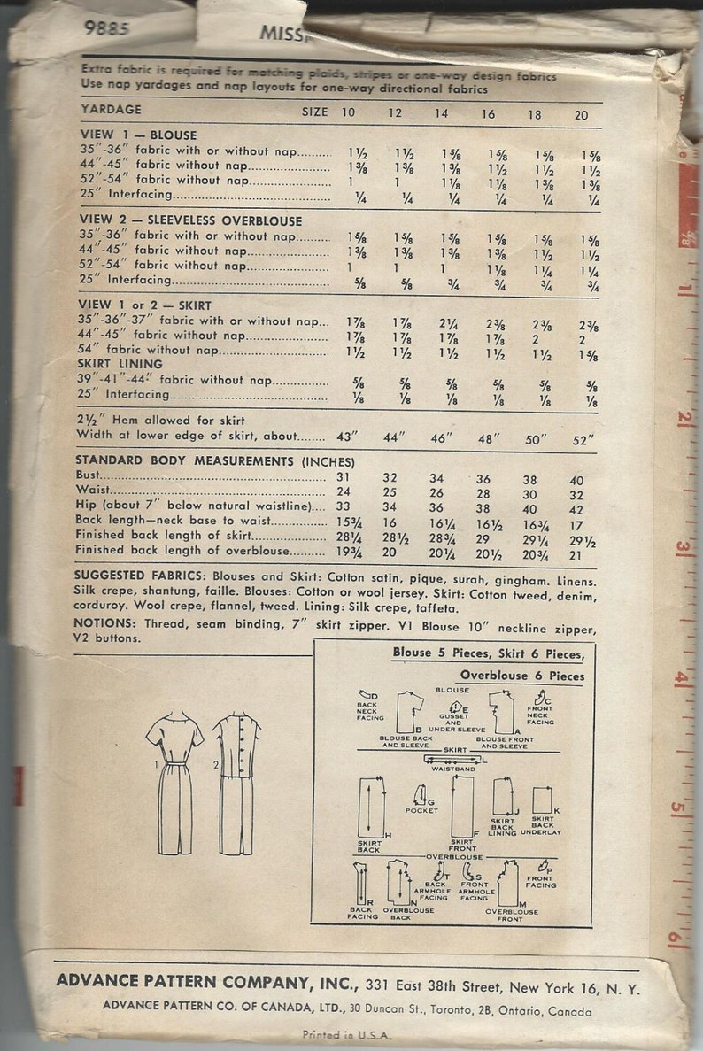 1961 VINTAGE ADVANCE PATTERN Blouse & Skirt 9885. Size 14. Bust 34. - Etsy
