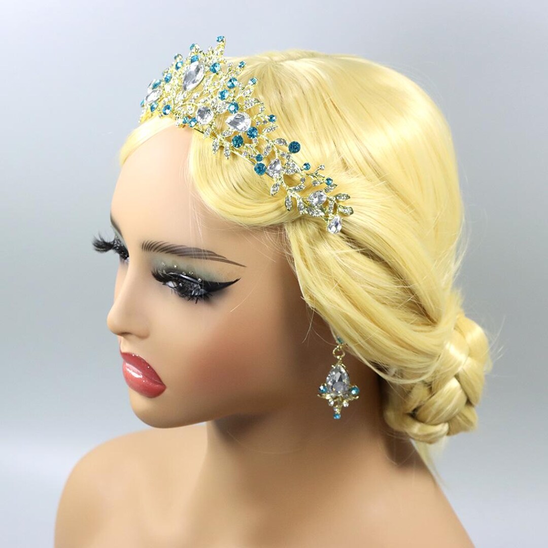 Royal Blue Crystal Princess Crown Set, Vintage Bridal Tiara & Earrings ...