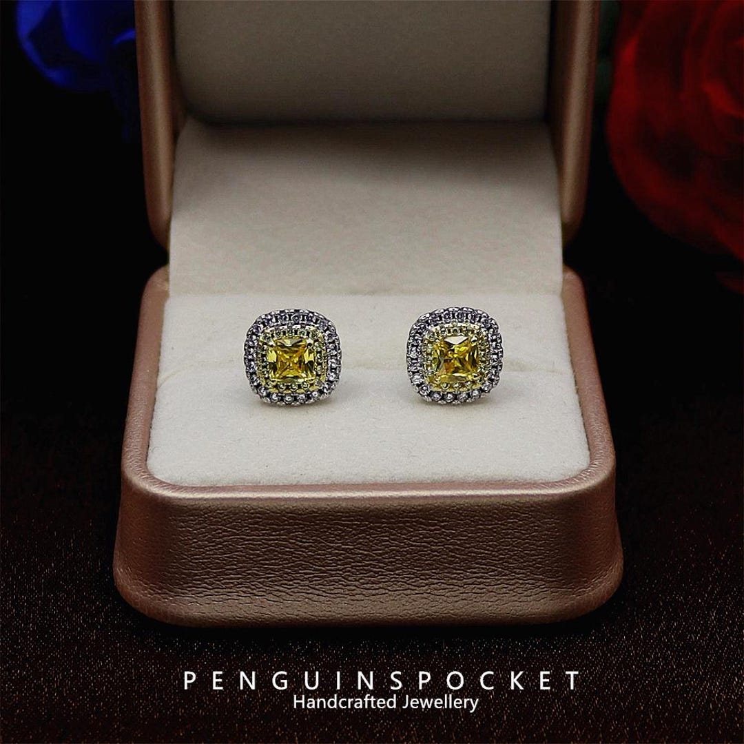 S925 Sterling Silver Simple Princess Cut Yellow Diamond Stud Earrings ...