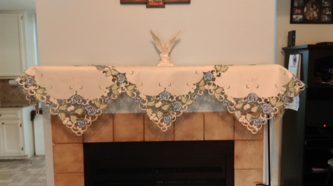 Victorian Blue Rose Fireplace Mantel Scarf, Embroidered Ivory Polyester ...