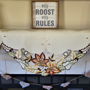 Fall Maple Leaf Embroidered Mantel Scarf, Ivory Linen Style (96 X 17 ...