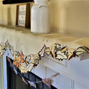 Fall Maple Leaf Embroidered Mantel Scarf, Ivory Linen Style (96 X 17 ...
