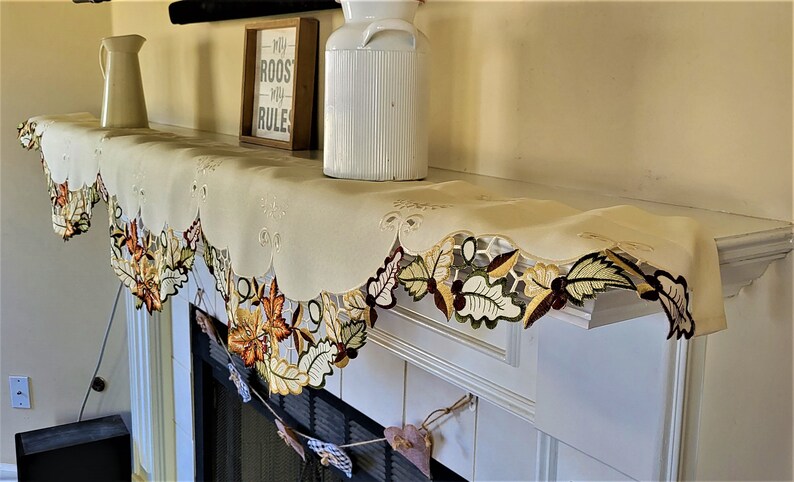 Fall Maple Leaf Embroidered Mantel Scarf, Ivory Linen Style (96 X 17 ...