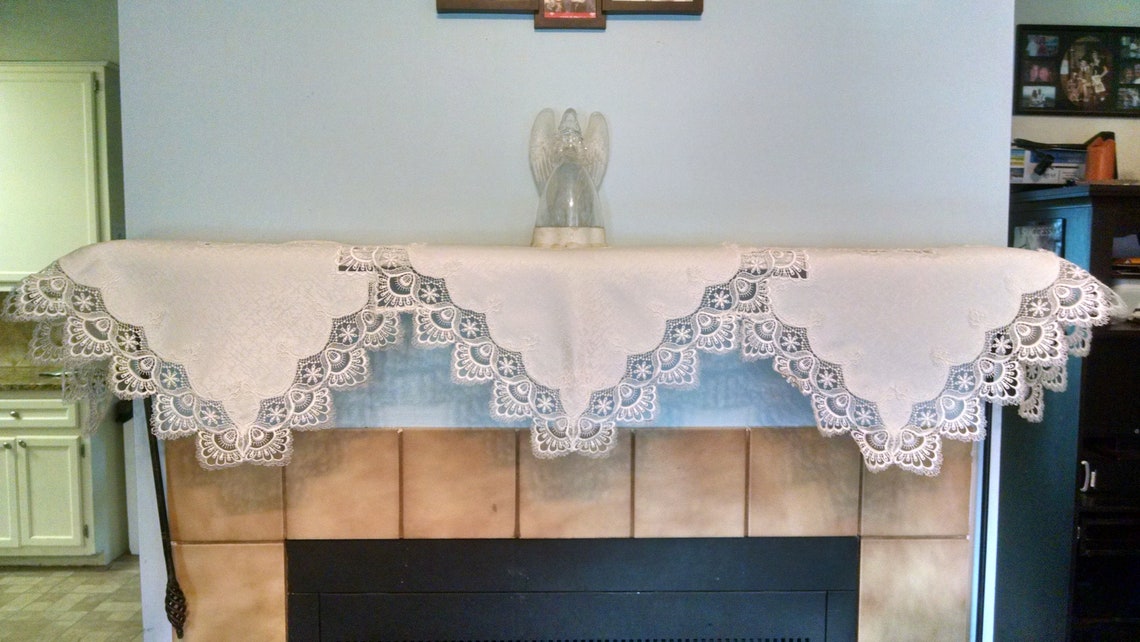 Fireplace Mantel Scarf With European Lace Sewn on Antique White Fabric ...