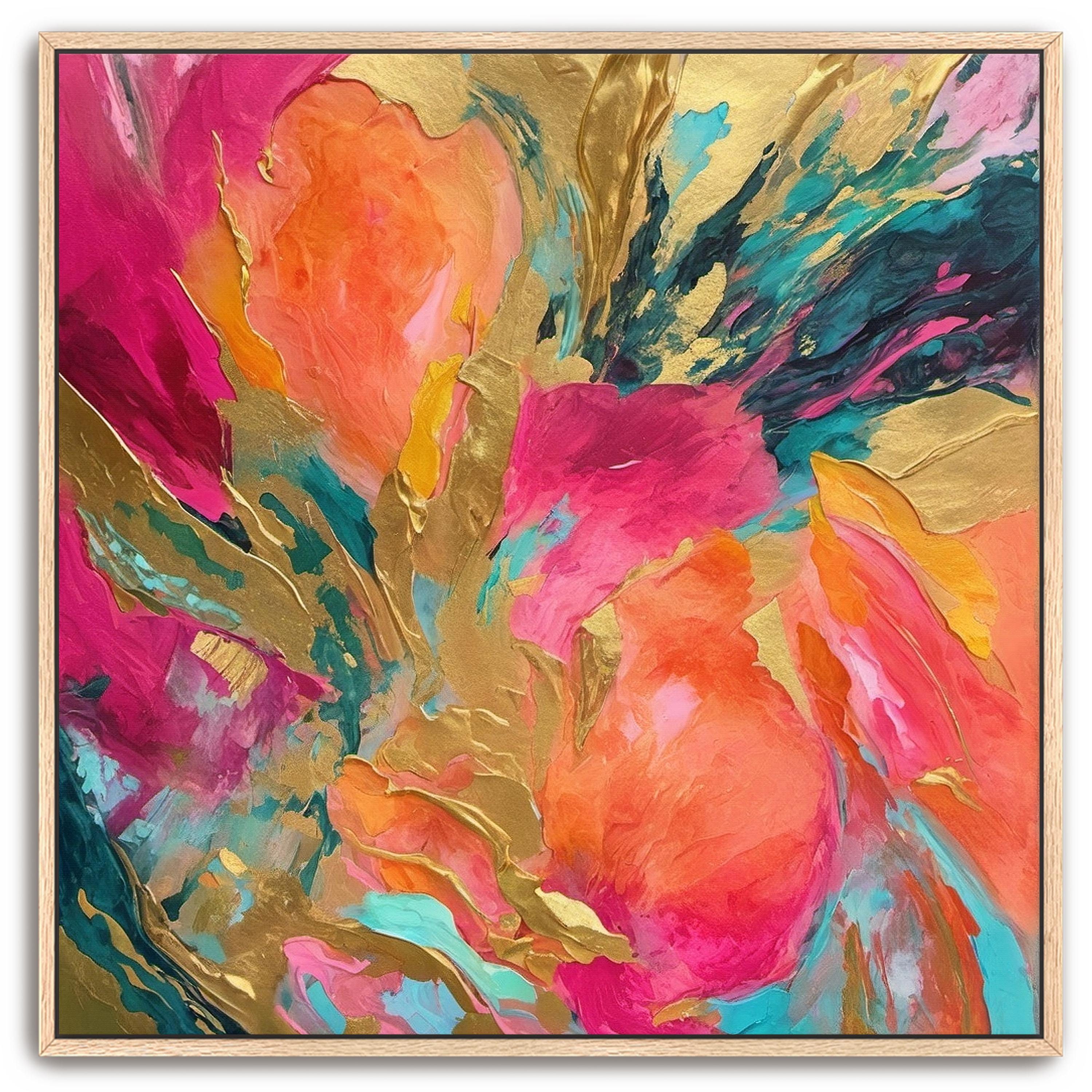 Hand Painted Floral Abstract: Textured Pink & Orange Framed Canvas Art ...
