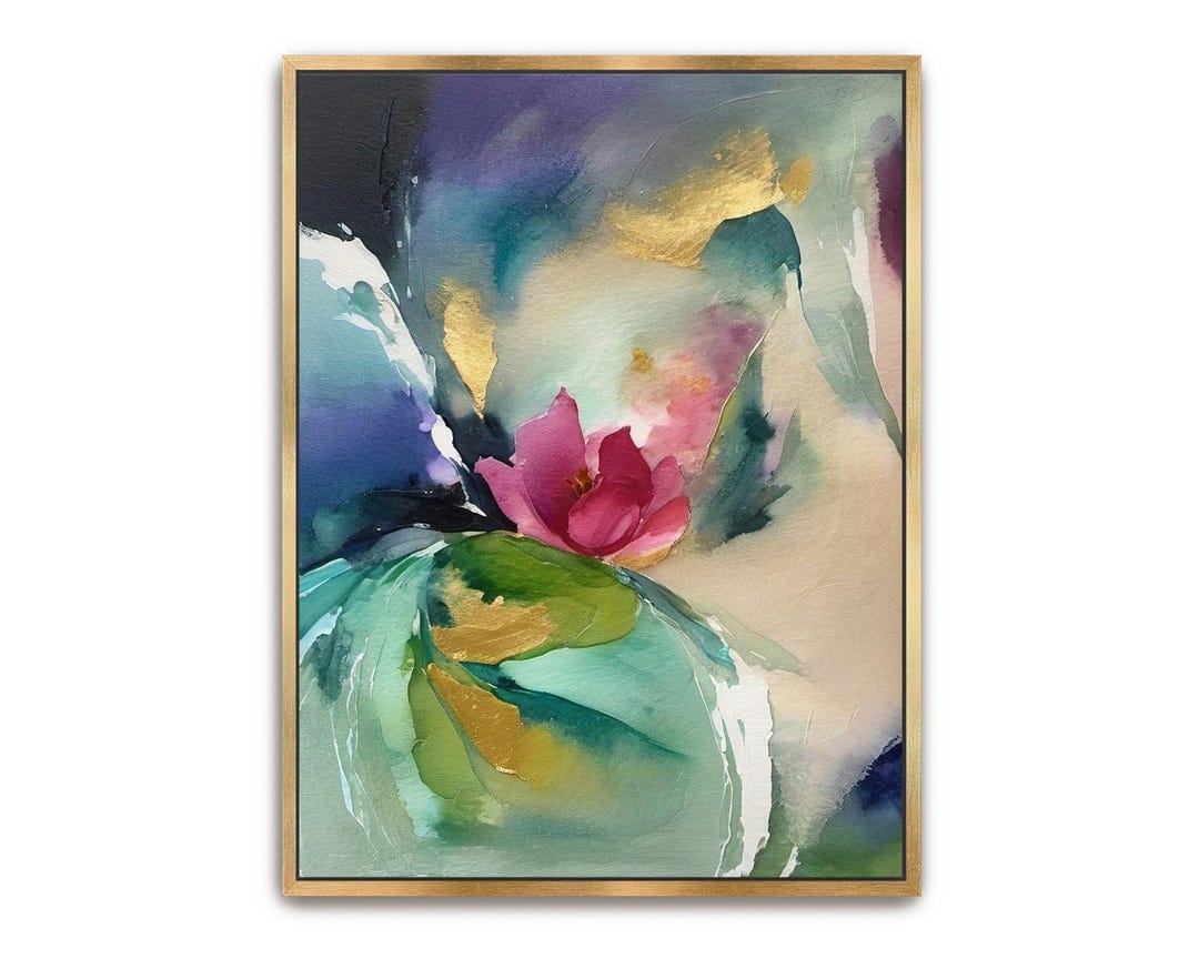 Hand Painted Floral Abstract Painting: Teal, Pink, Gold Framed Canvas ...