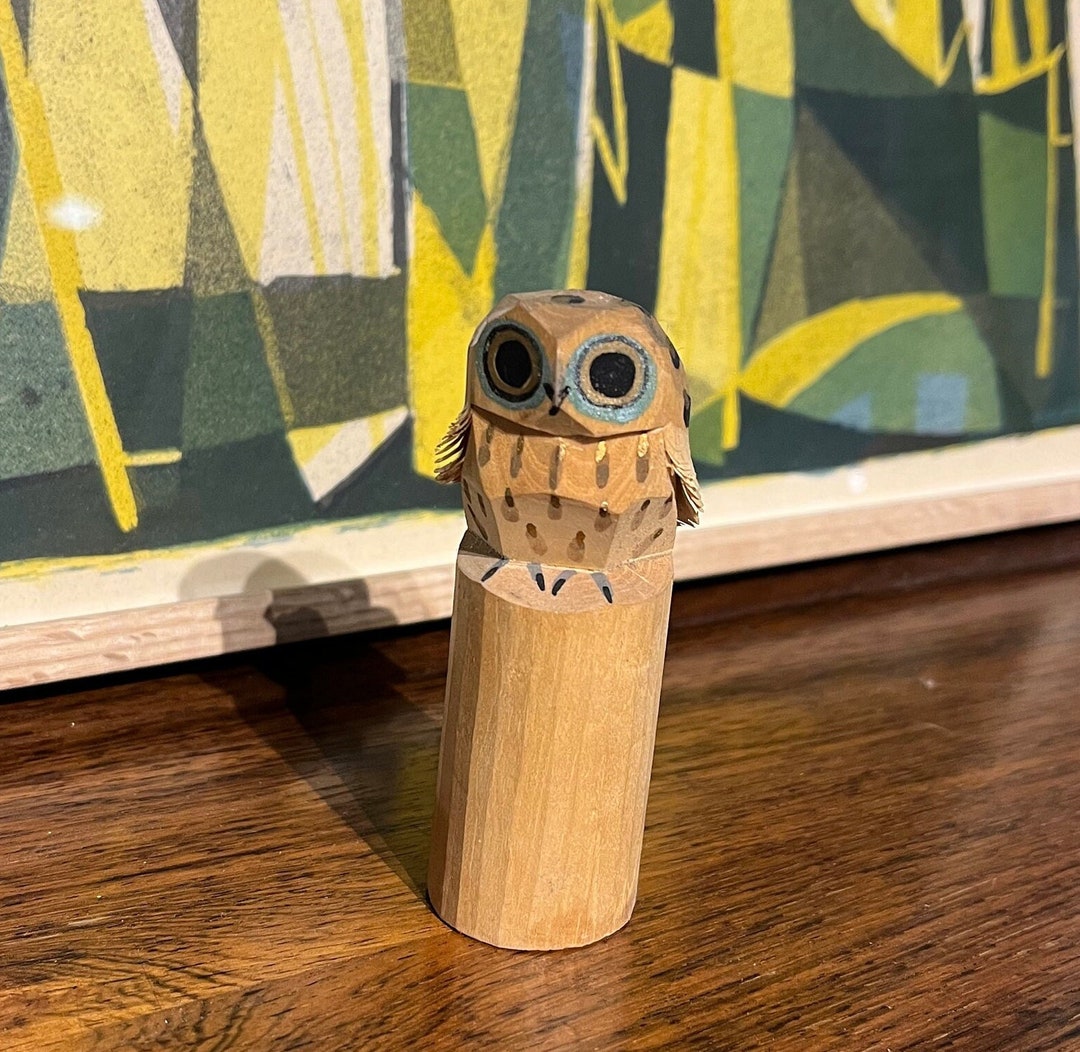 3.5” Turned Carved Owl Totem Wooden Sculptures - Japan - Bird - Artisan ...