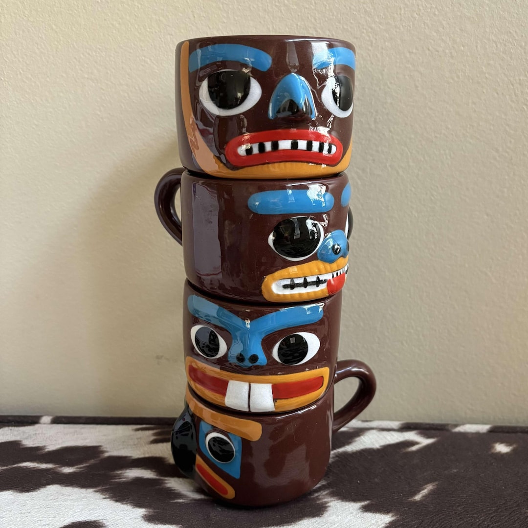 Totem Pole Stackable Mugs - Tiki Faces - Redware Pottery - Blaisdell ...